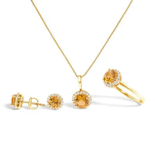 HAUS OF BRILLIANCE 10k Gold Gemstone And Diamond Halo Jewelry Set - Yellow | Orange Citrine